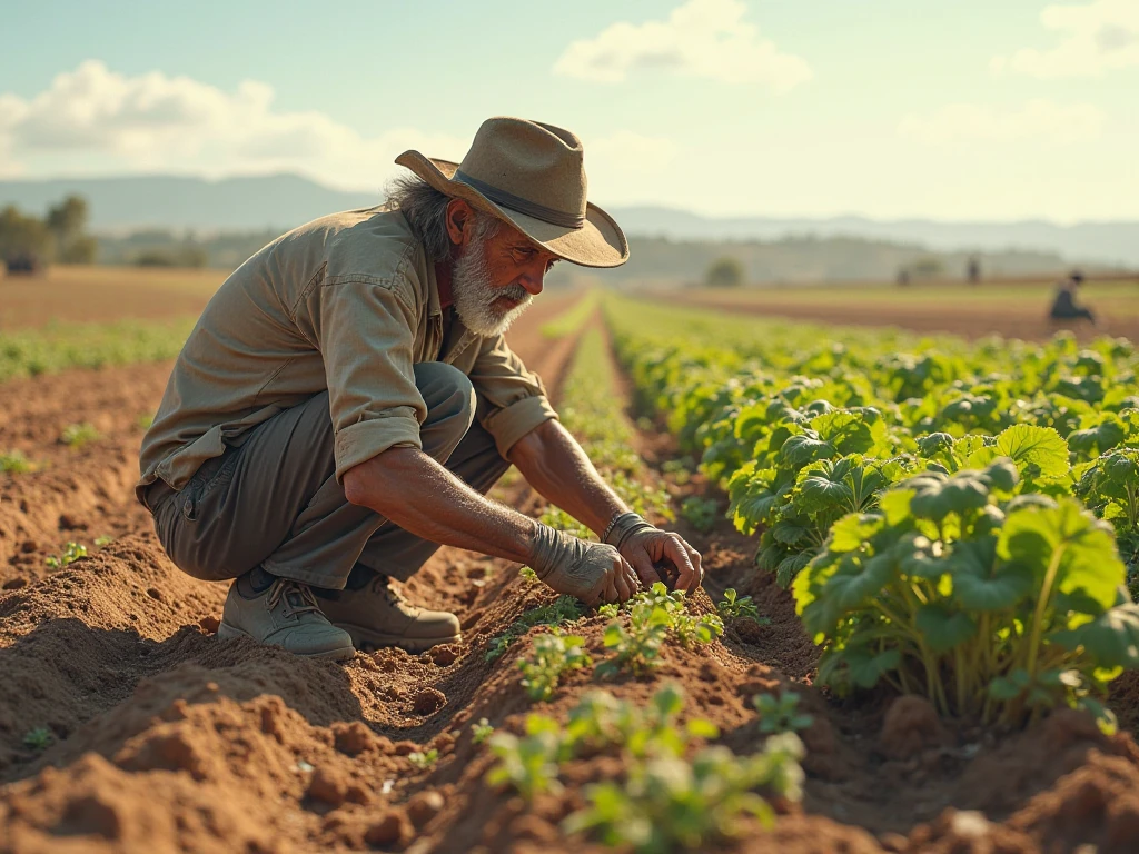 A farmer planting drought-resistant crops, experimenting with modern ...
