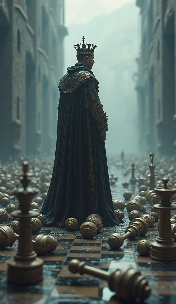 Chessboard with the King standing, surrounded by fallen pieces - SeaArt AI