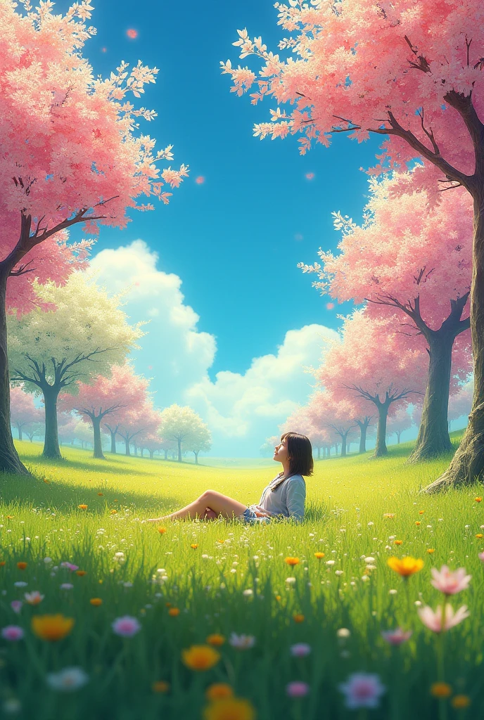 Spring Break, landscape, Person relaxing, flowery field, trees in bloom ...