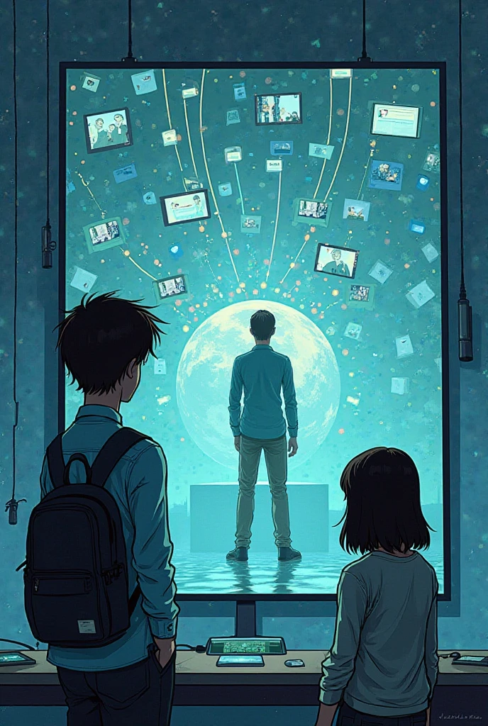 The Lost Connection: Depict two people, one connected to a screen ...