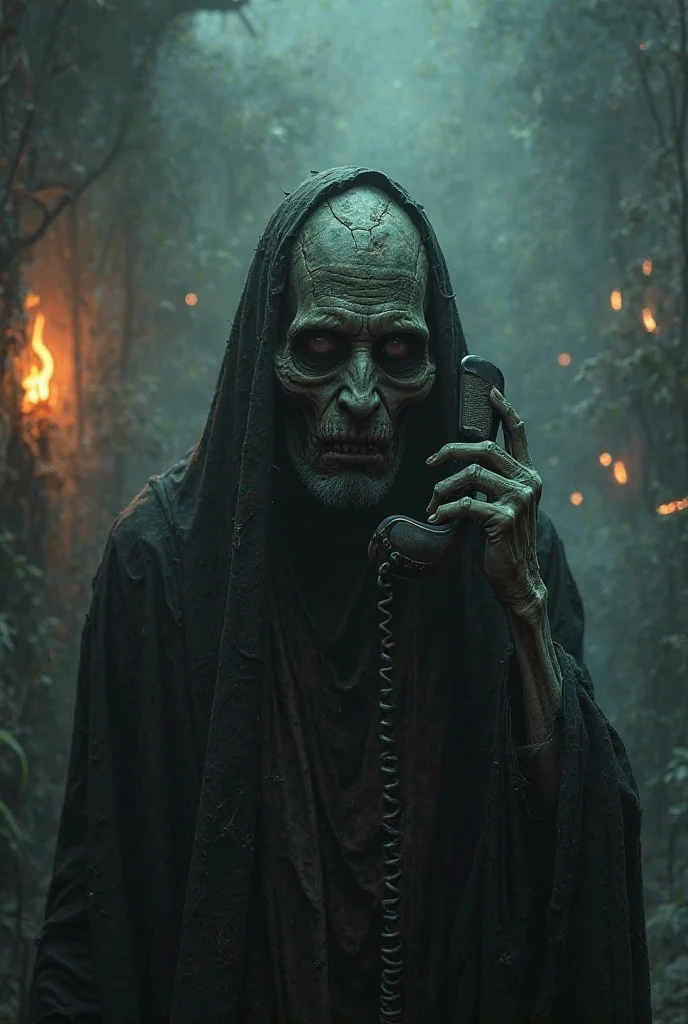 Dead man talking on the phone from hell who looks very scary - SeaArt AI