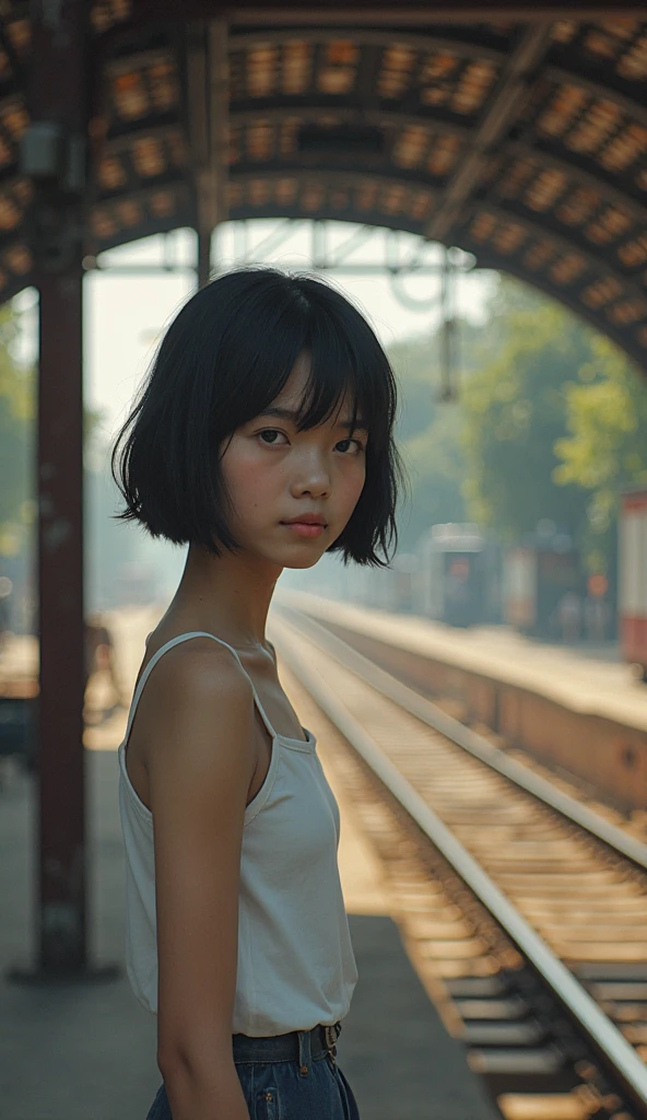 A young Thai girl with bob hair and a white tank top is waiting for an ...