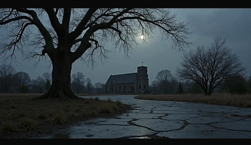 A 90s horror movie still of a dark empty lot at dusk, a large old tree ...