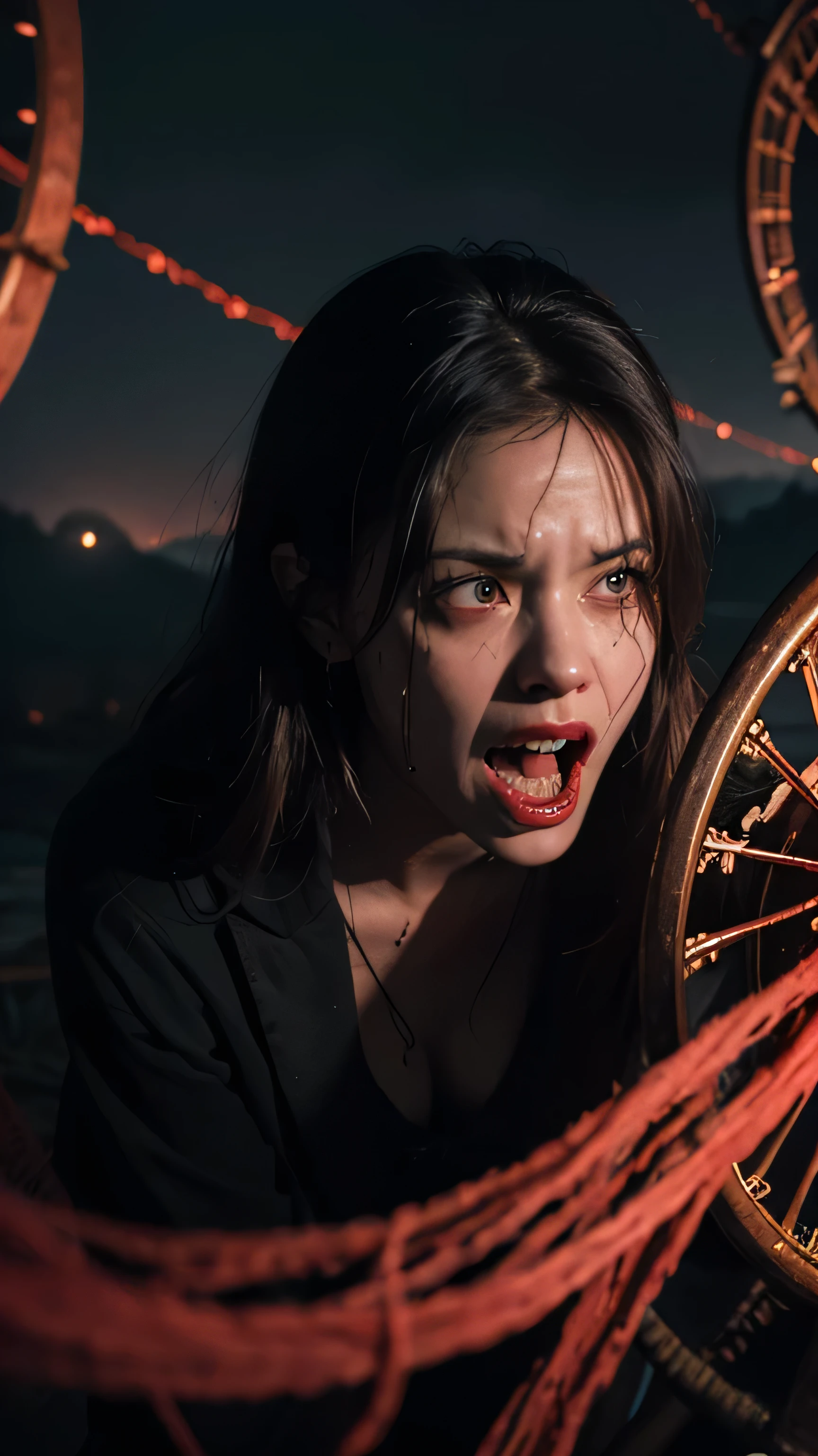 There is a woman holding a clock with a scary face - SeaArt AI