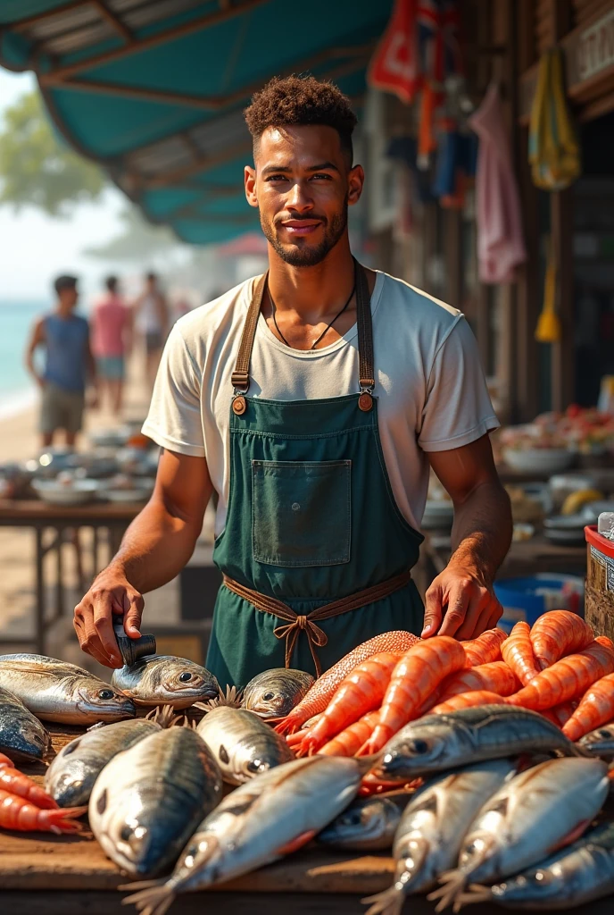 Neymar footballer selling fish - SeaArt AI