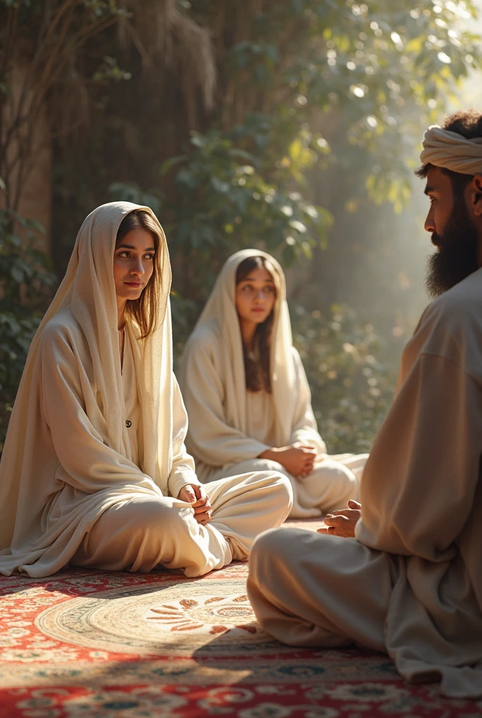 Some ladies in veils and some men with stubble are sitting on the ...