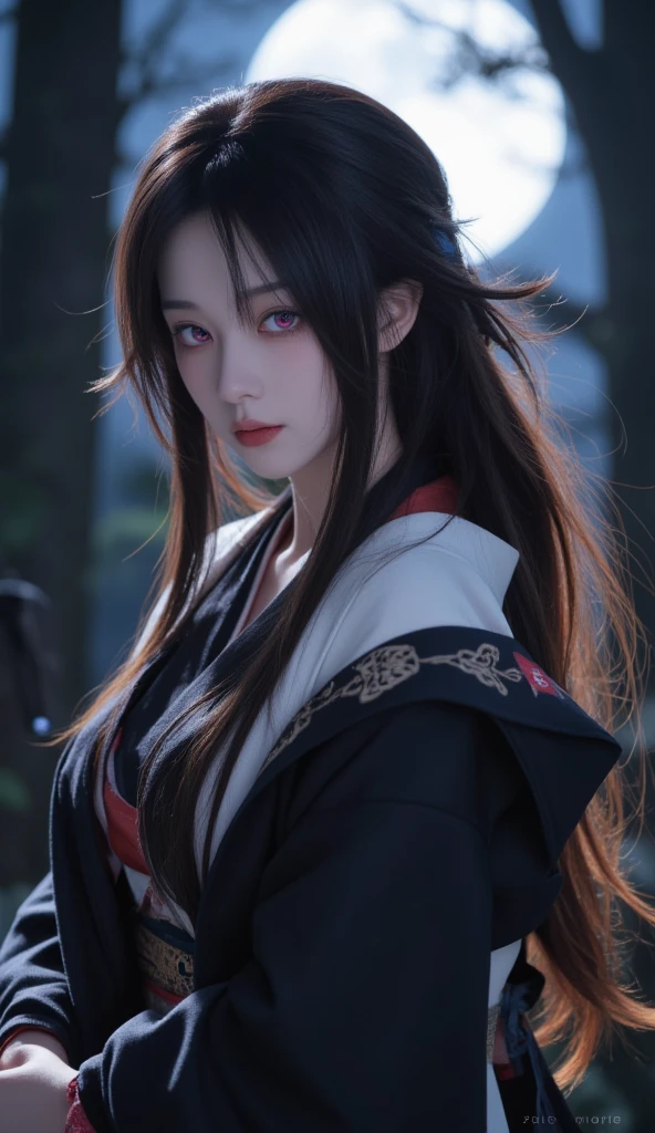 A fierce yet elegant anime-style female demon slayer with glowing pink ...