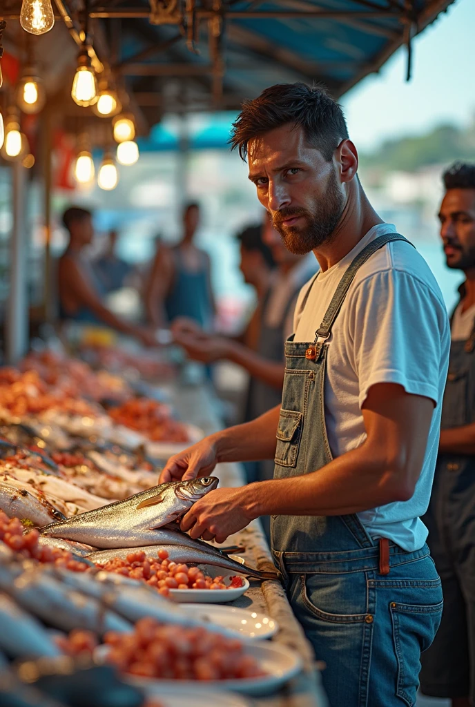 Messi is selling fish - SeaArt AI