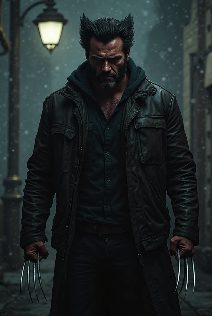 Medium shot of Wolverine, looking down with clenched fists, his claws ...