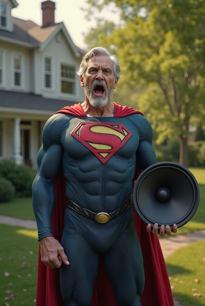 A hyper-realistic, ultra-detailed 3D render of an old Superman standing ...