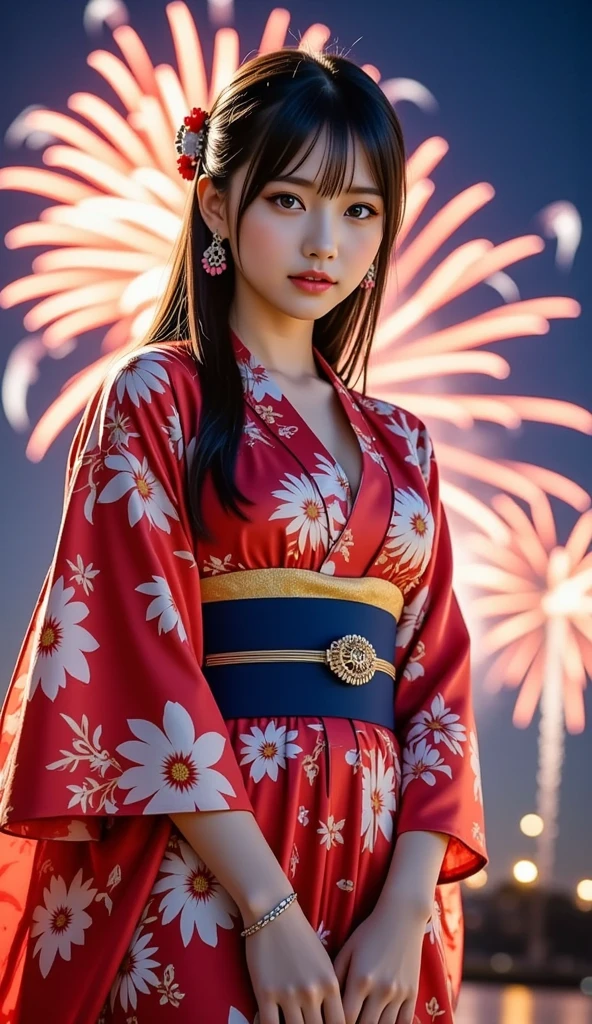 Real image like the photo、8k、Fireworks display on a summer night ...