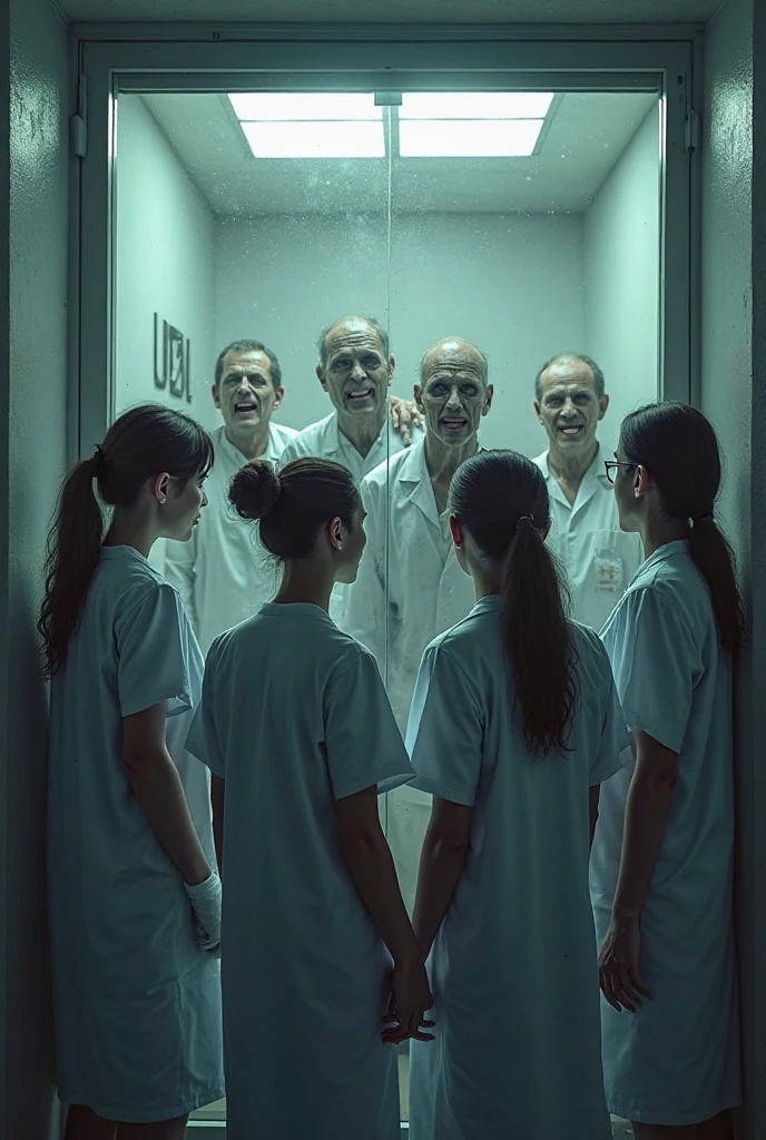 Over the shoulder shot angle of group of nurse and doctors looking at ...
