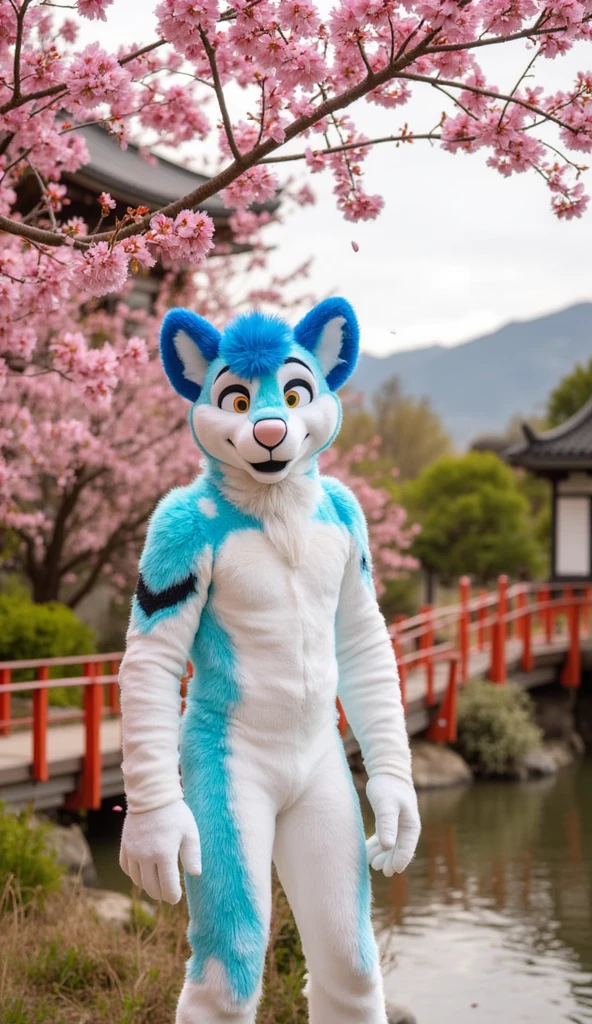 "Fursuit hiper-realista do Fluke, o Husky, standing under the pink ...