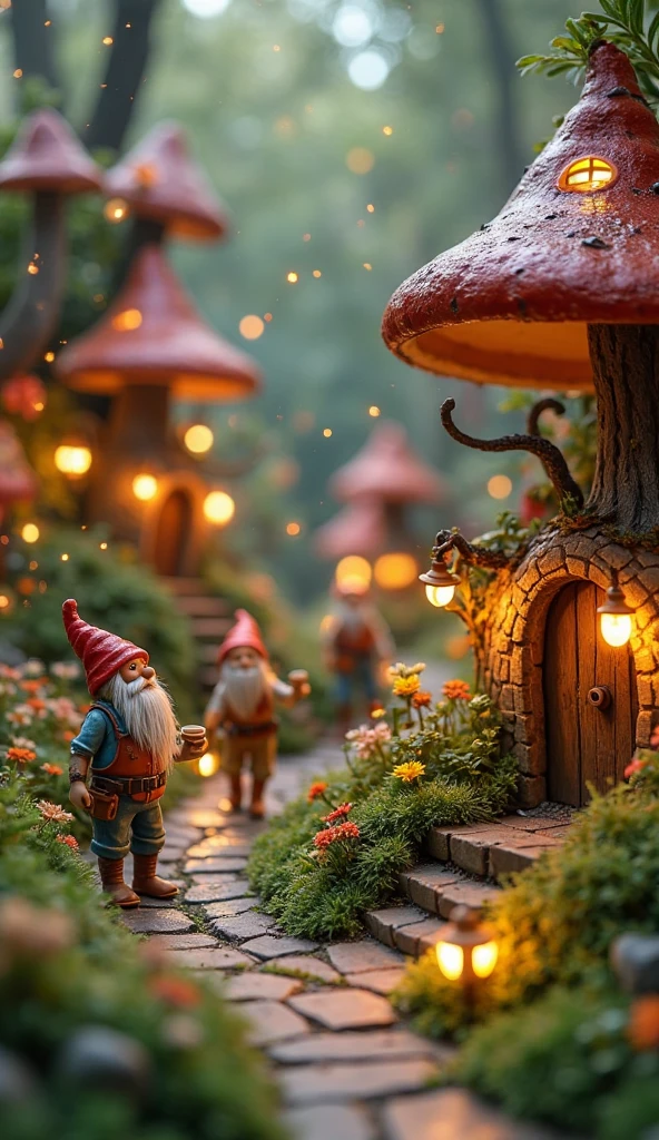 "A magical miniature world where tiny workers visit a hidden gnome village deep - SeaArt AI