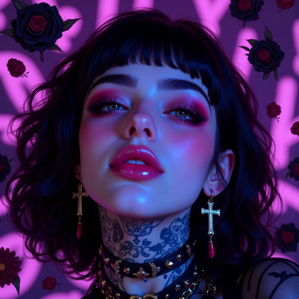 Close-up portrait of a whimsical Gothic 80's grunge punk rocker girl ...