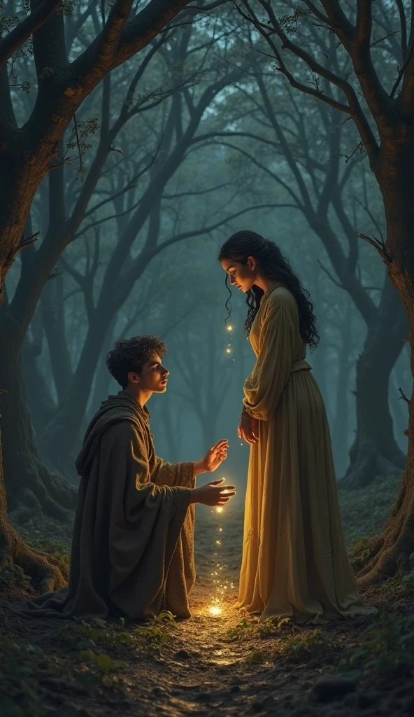 "A kneeling young man in a worn cloak offers himself to a sorrowful ...