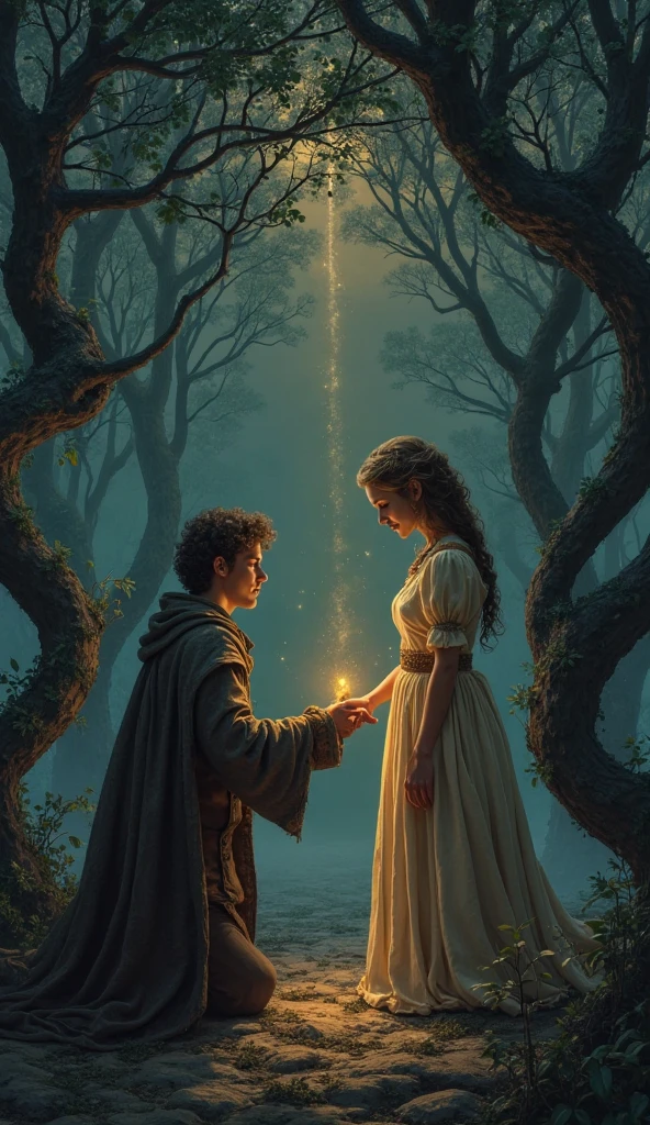 "A kneeling young man in a worn cloak offers himself to a sorrowful ...