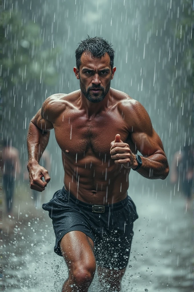 Man running in the rain shirtless - SeaArt AI