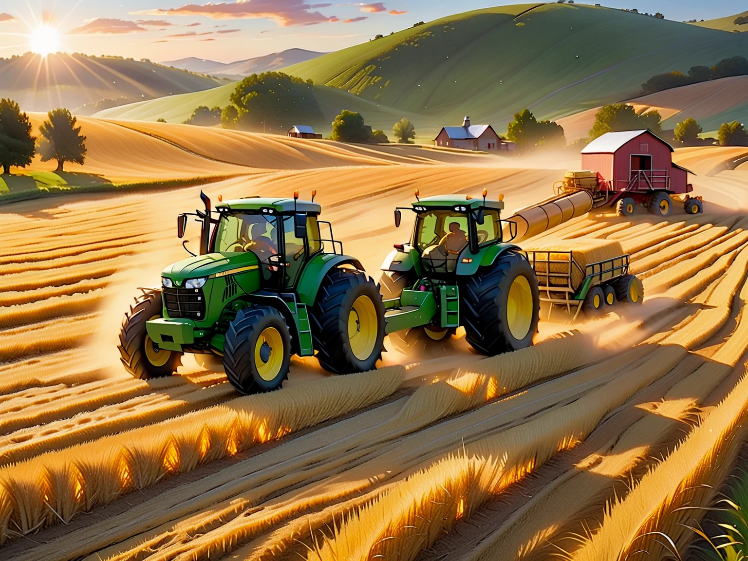 A large green John Deere tractor harvesting a golden wheat field at ...