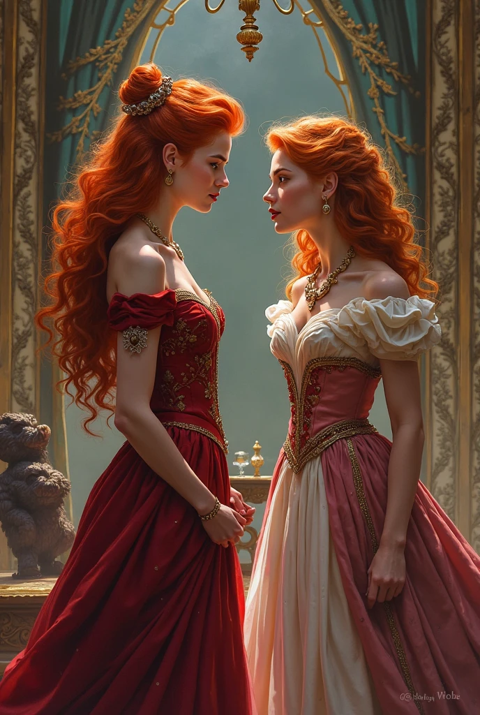 A red curly hair princess arguing with her mother - SeaArt AI