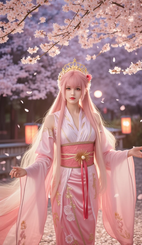 A majestic Sakura Goddess standing gracefully under a canopy of ...