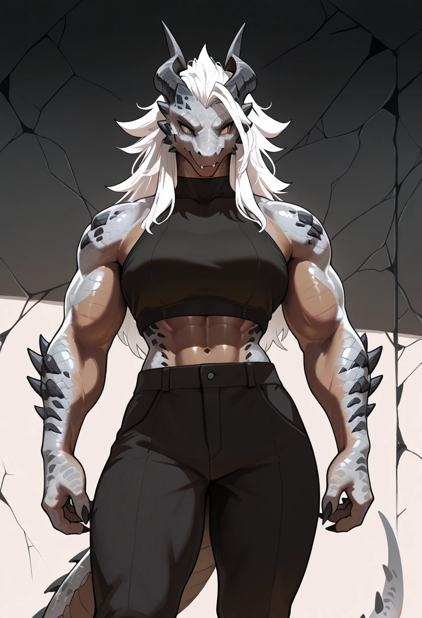 Muscular creature, anthro dragon, dark horns, yellow eyes, short spiky ...