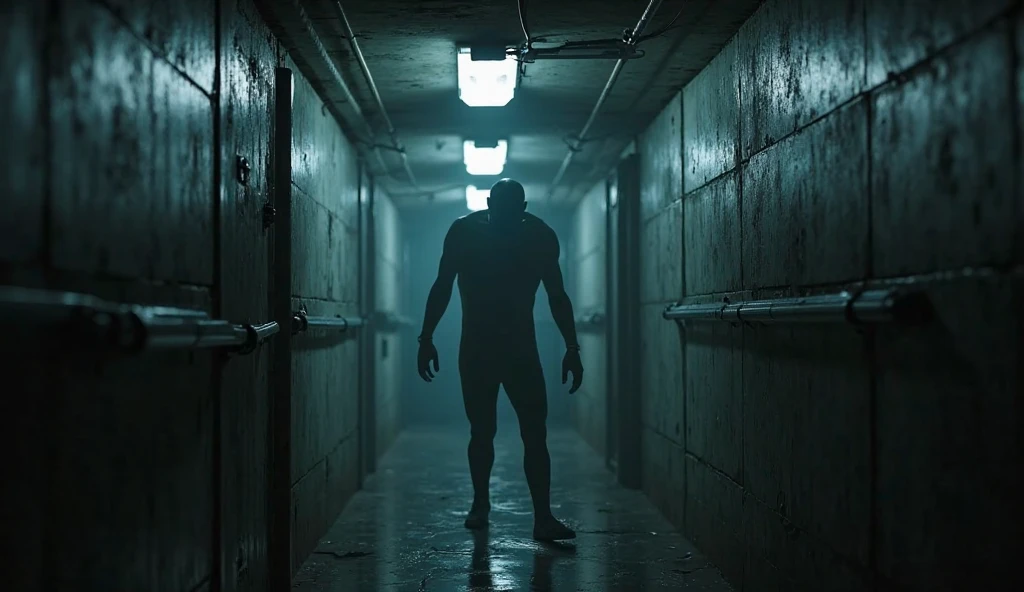 Hyper-realistic 4K horror thumbnail, dark underground corridor with dim ...