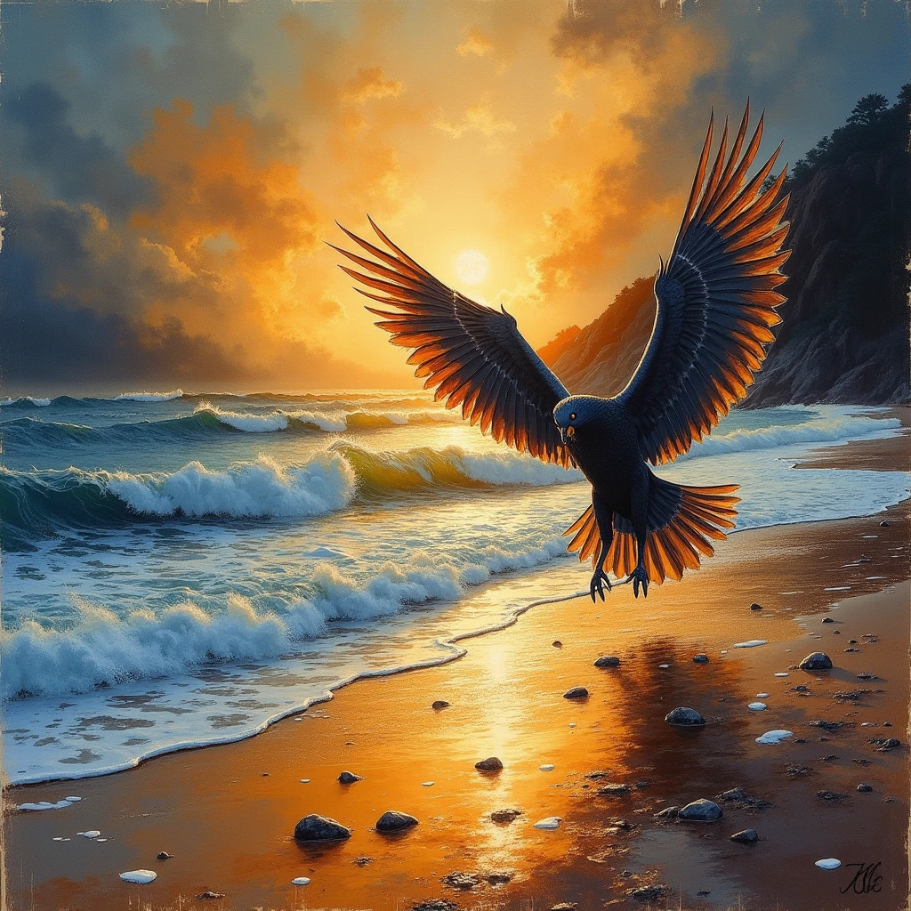 The atmospheric light and shadow. The artwork employs visible textures ...