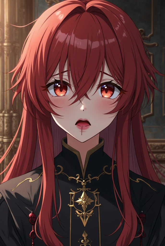 A beautiful 20 years old anime boy with long red hair and reddish brown ...