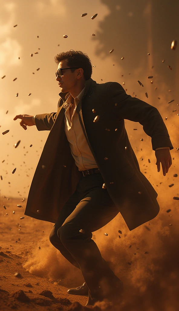 A man in a coat and sunglasses dodges bullets by bending his body ...