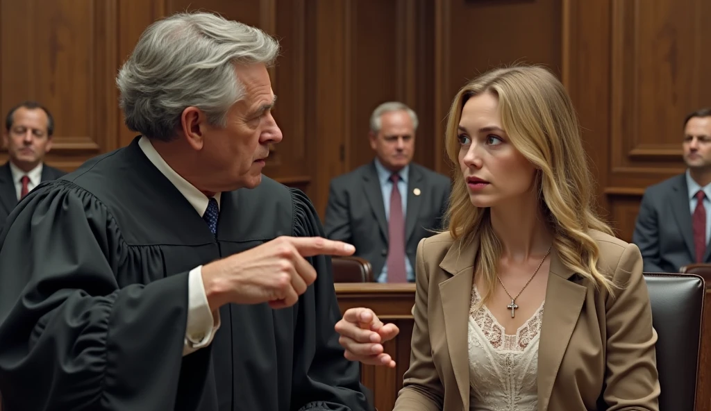 The image depicts a detailed courtroom scene with a dramatic ...