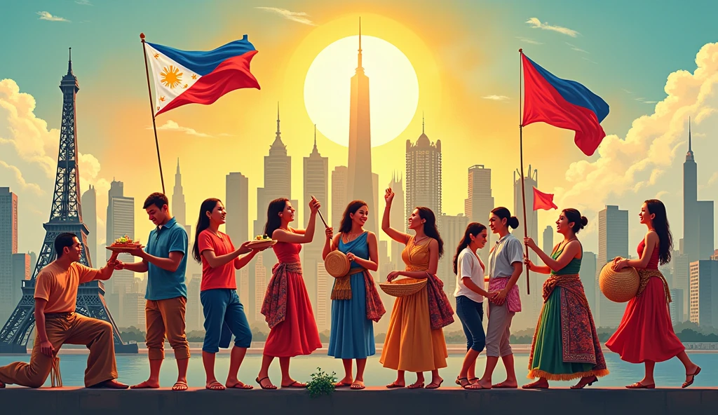 Illustrate the Filipino diaspora as a vibrant global phenomenon - SeaArt AI