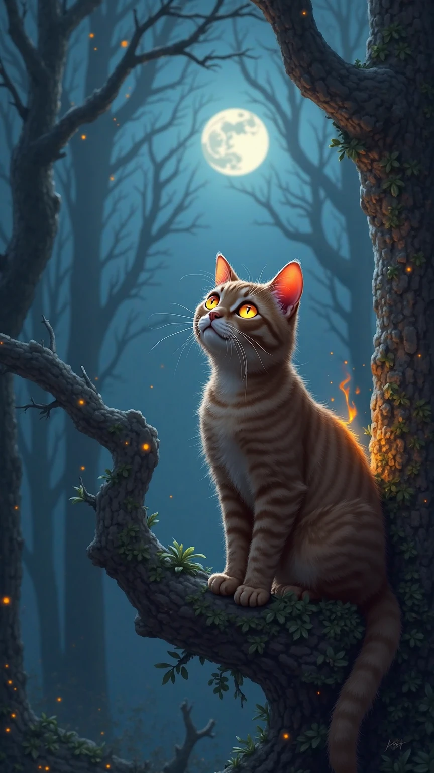 "A captivating digital painting of a brown tabby cat with Fire around ...