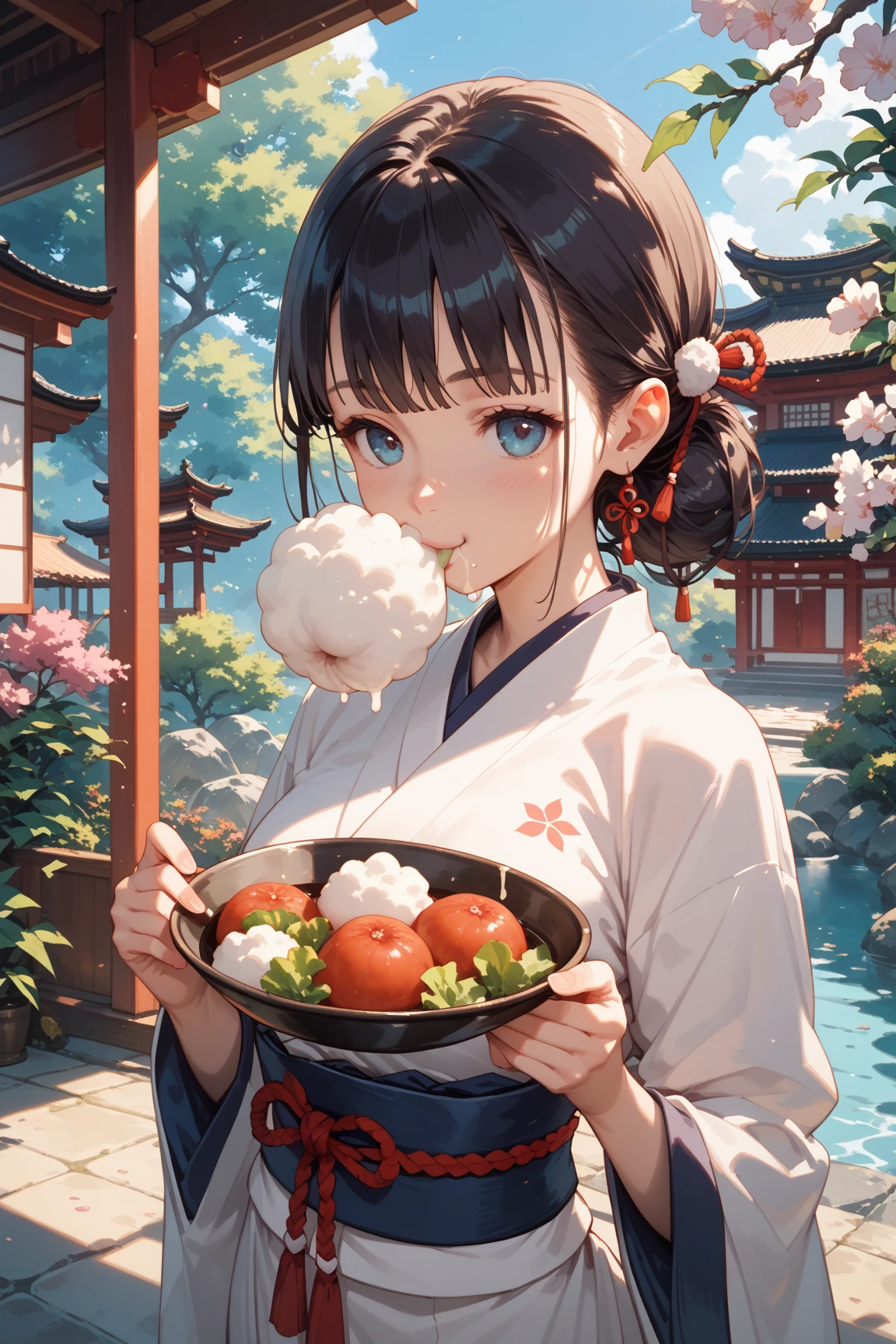 Samurai Woman、Eating dumplings、Japanese Garden - SeaArt AI