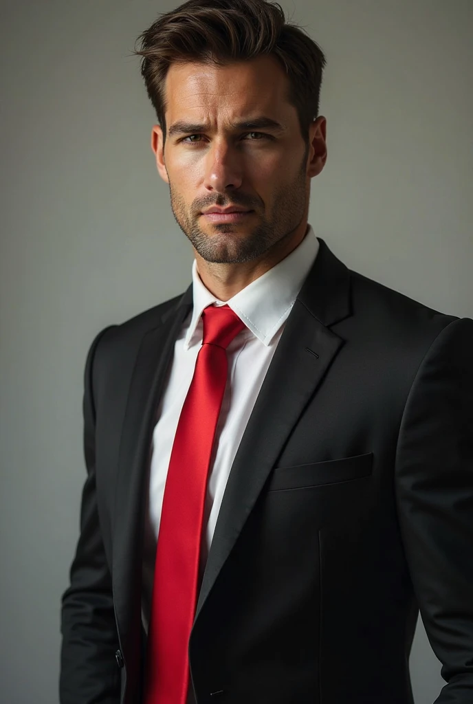 A handsome man in a sleek black suit with a bright red tie ...