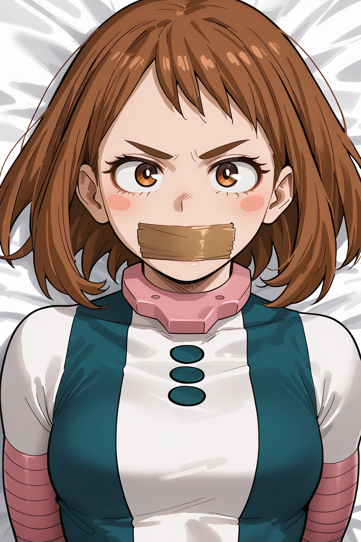 uraraka ochako,Hiroaka,brown_Hair,Tight hero suit,lies down - SeaArt AI