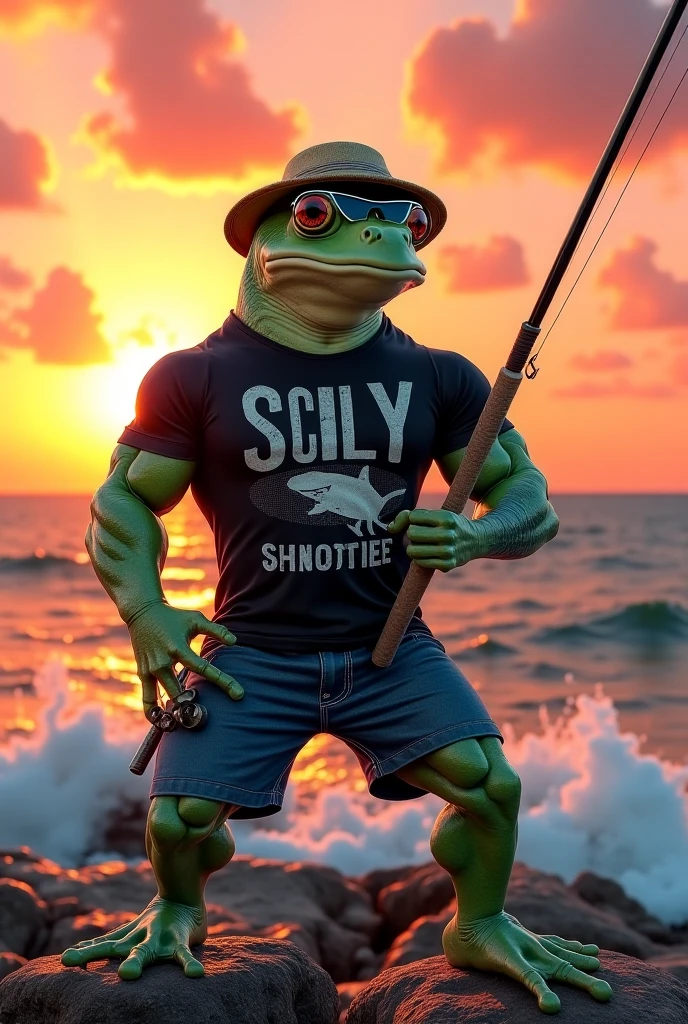 An extremely muscular anthropomorphic frog, with sculpted biceps and ...