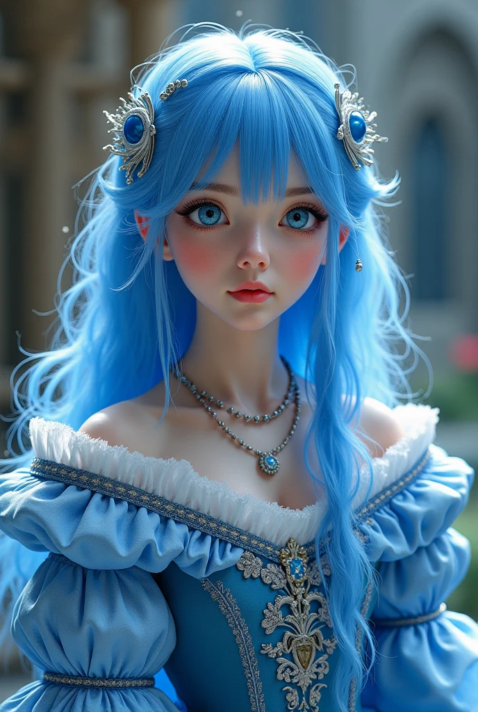 Blue-haired woman with blue eyes wearing fluffy medieval dress - SeaArt AI