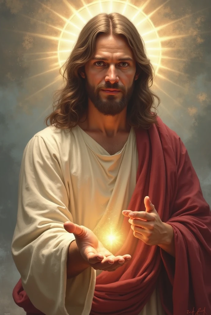 Create an image of Jesus smiling looking directly at the camera with a ...