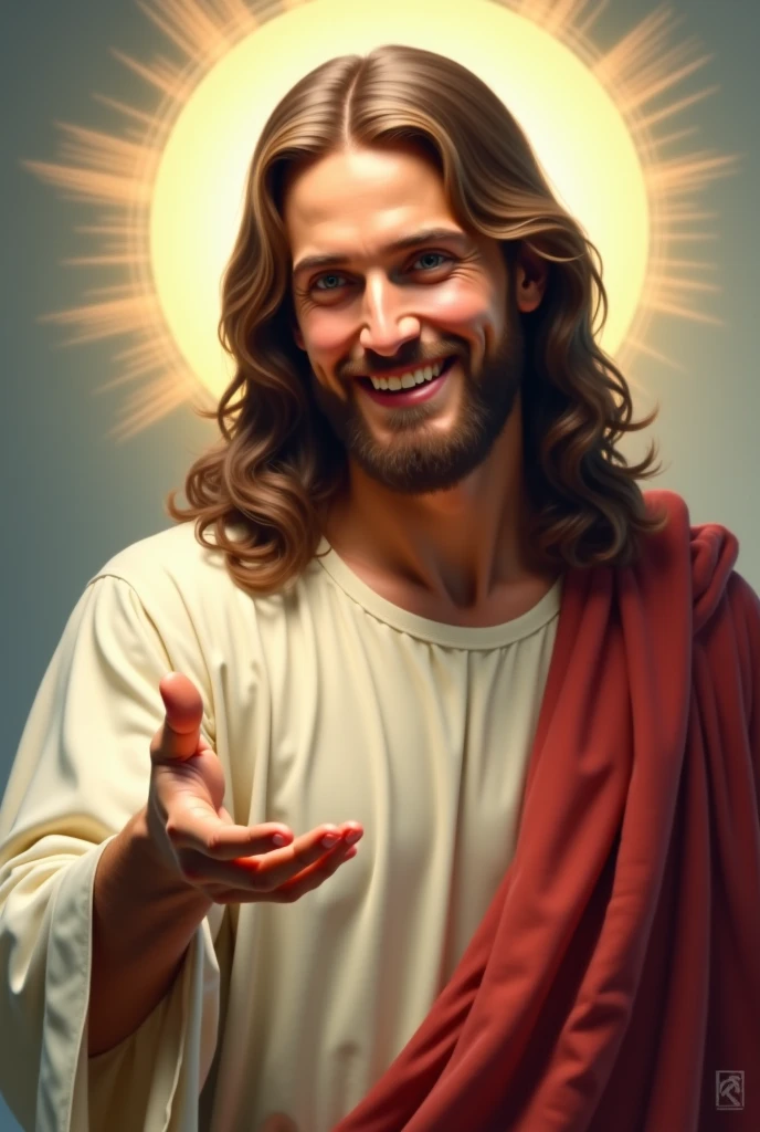 Create an image of Jesus smiling looking directly at the camera with a ...