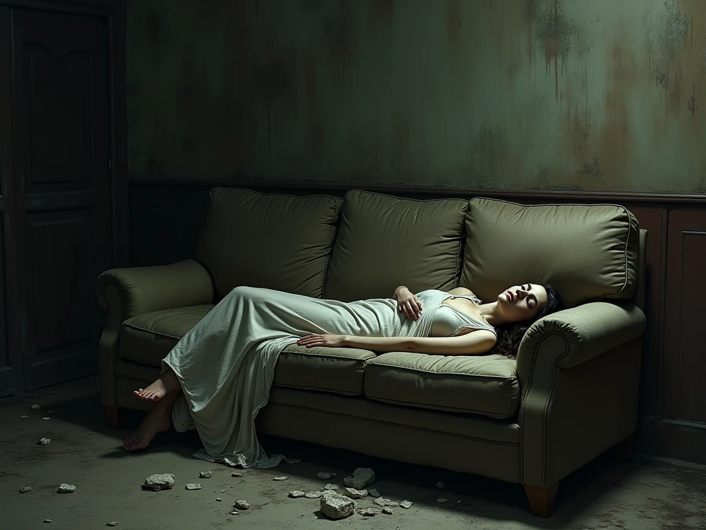 A woman lying on a couch, dead, Sunk inside him, a dark and dirty room ...