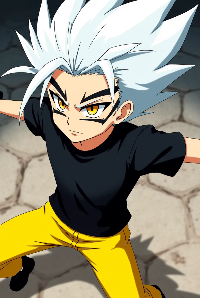 Beyblade X character who is , black shirt, yellow pants, White hair ...