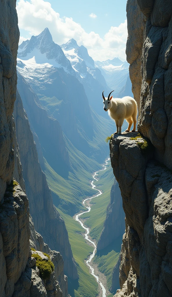 A realistic white mountain goat trapped in a dangerously high mountain ...
