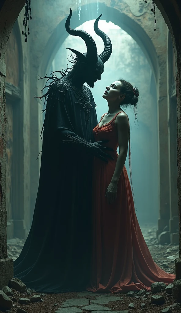 Demon and wife, horror look, haunted house, full body pose, realistic ...