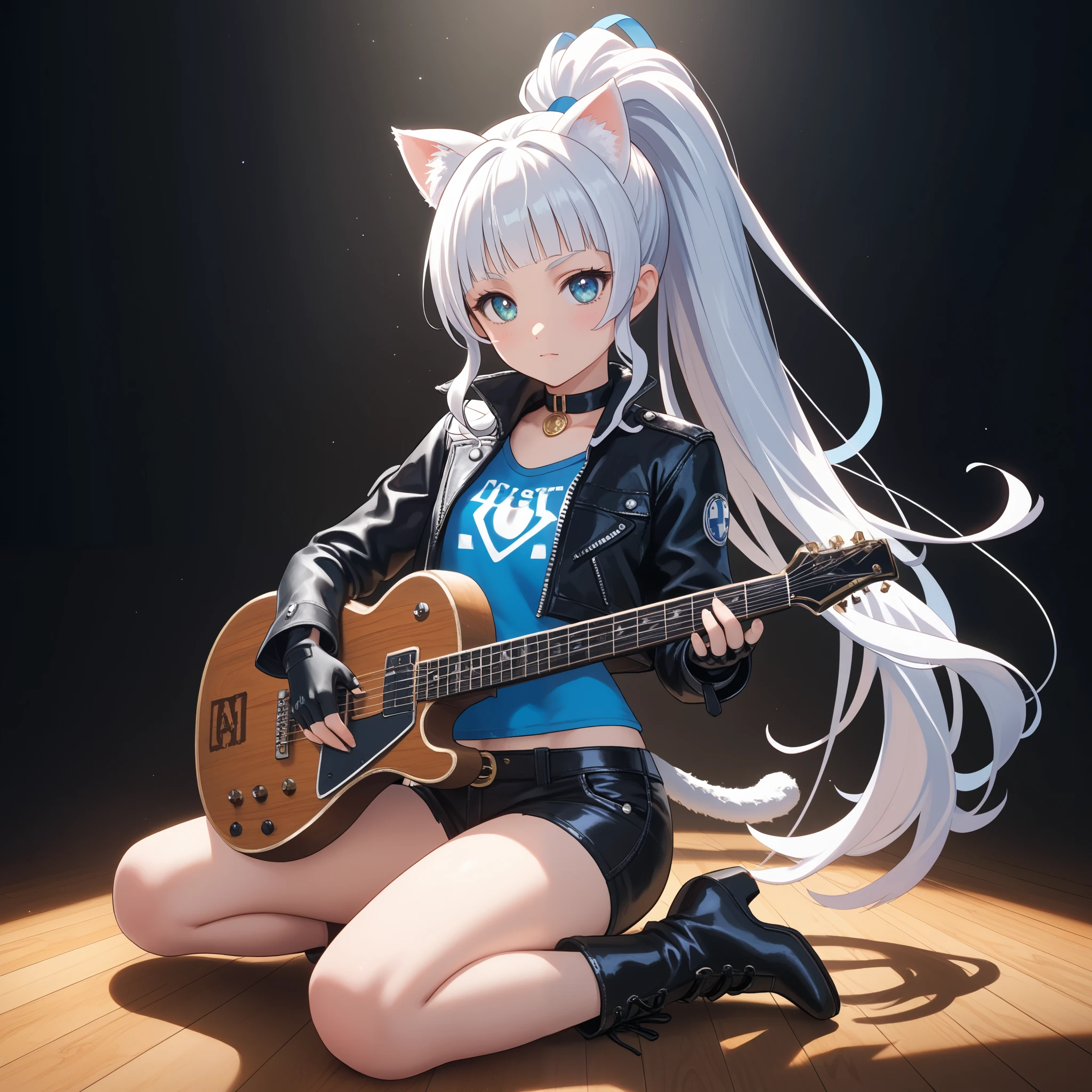 Anime girl with long white hair playing guitar on wooden floor - SeaArt AI