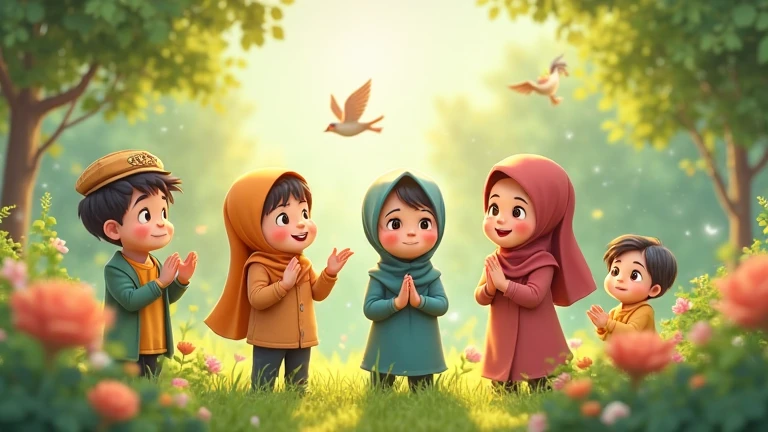 Four adorable animated Muslim boys and girls stand together in a lush ...