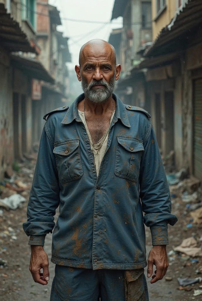 Slum bald indian in blue romanian police uniform with white dirty shirt ...