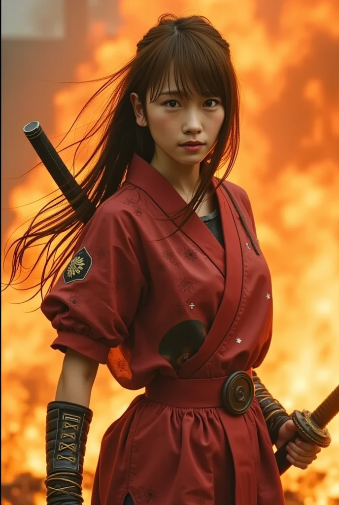 Samurai girl with long disheveled hair and a sword in her hand - SeaArt AI