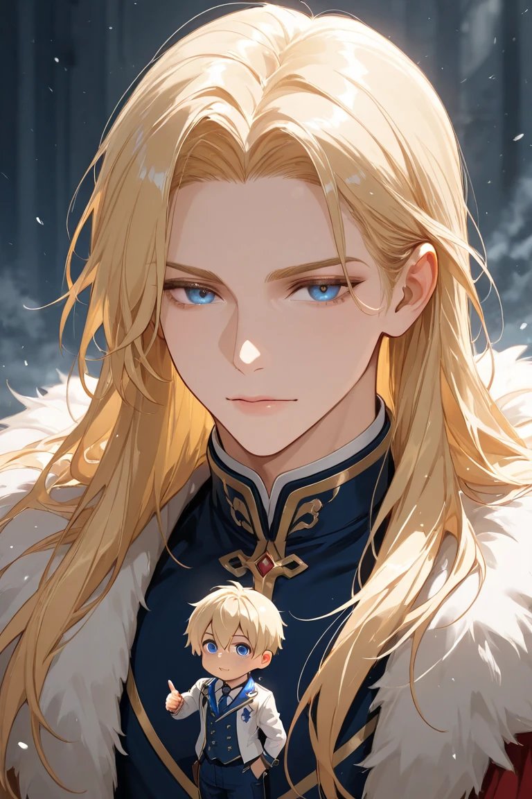 A small boy with long blonde hair and blue eyes, looking cunningly with ...