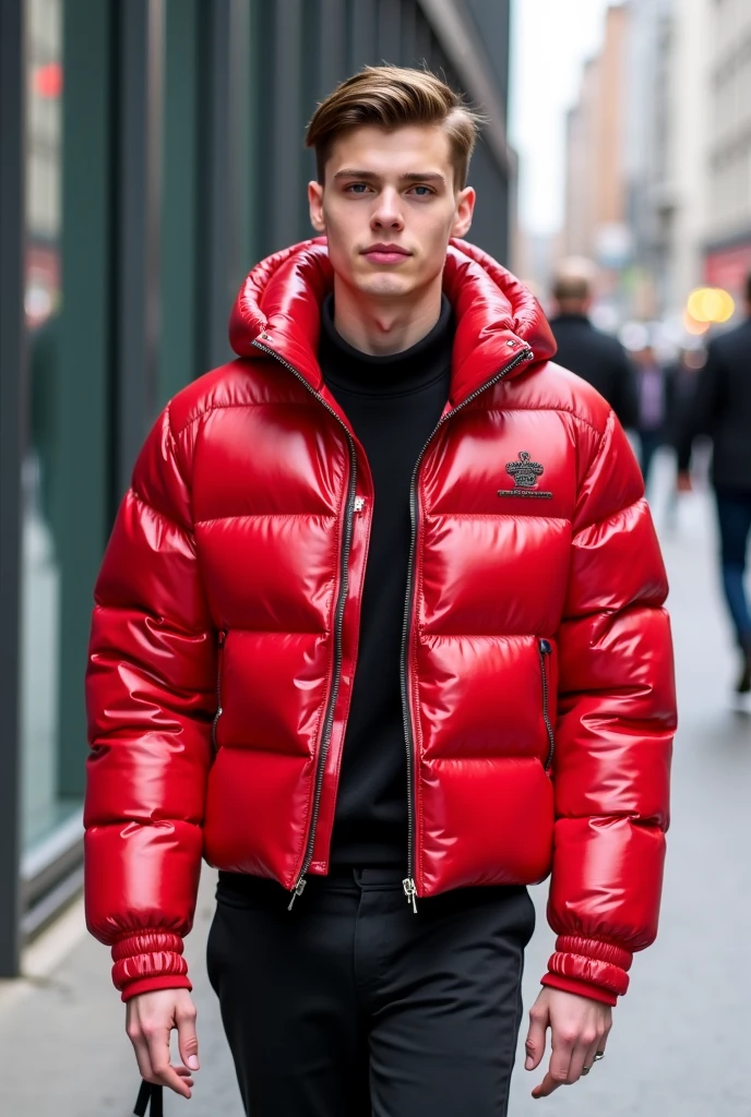with the shiny short down jacket - SeaArt AI